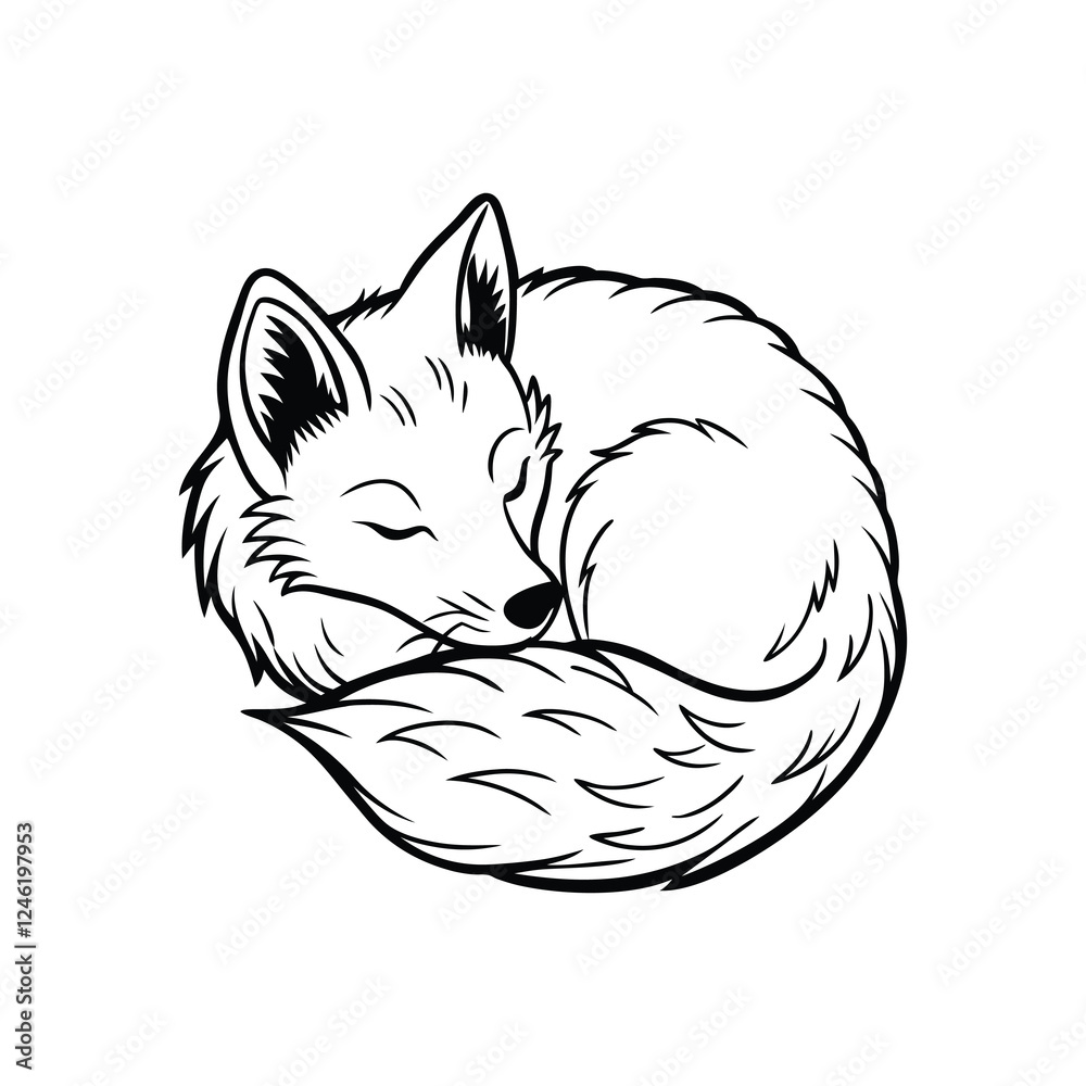Cute Sleeping Fox Line Art Illustration coloring page for kids. KDP ...