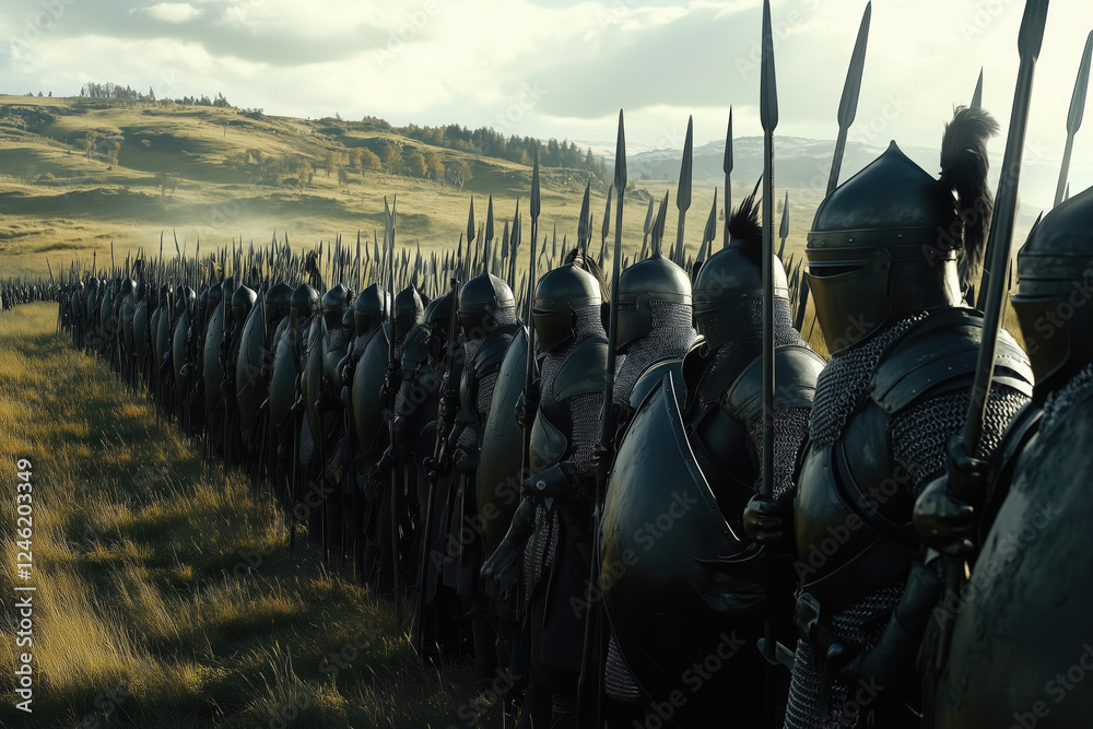 Rows of knights in full armor walking with spears ready in open field surrounded by hills and ...