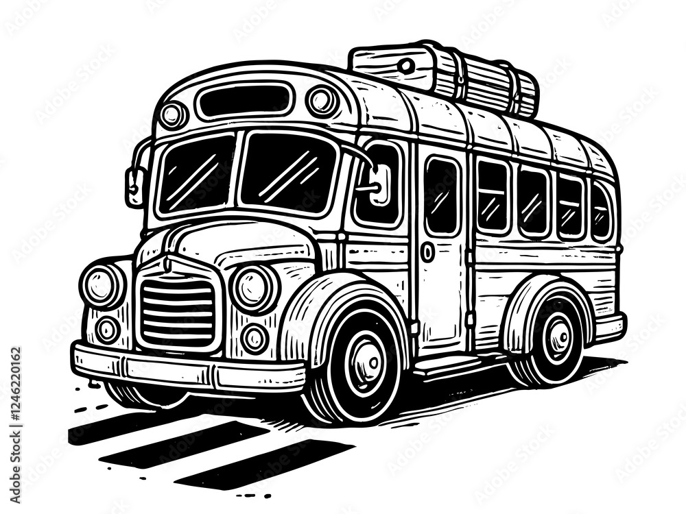 old-fashioned bus with rounded edges, large windows, and luggage rack ...