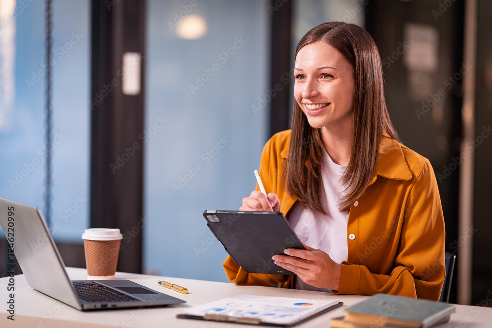Female employee working in office with bokeh lights, working overtime ...