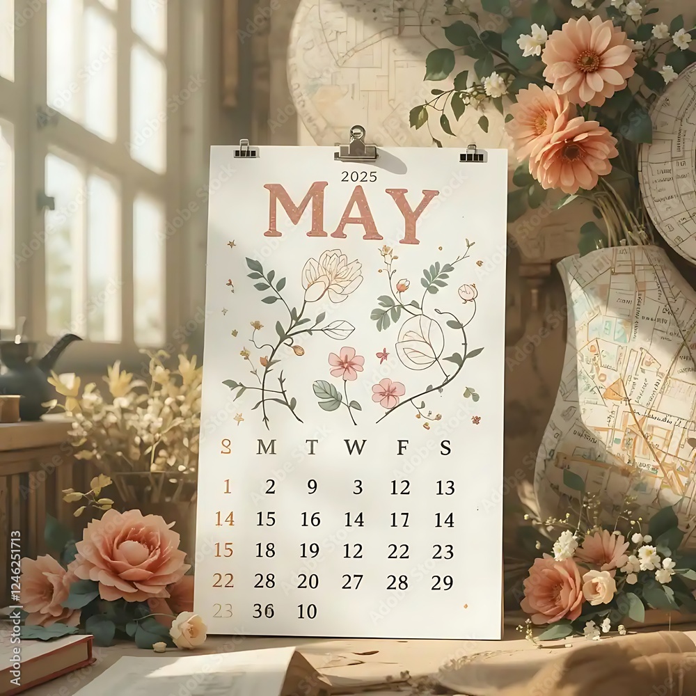 Floral May 2025 Calendar Printable Aesthetic Wall Decor Stock Photo ...