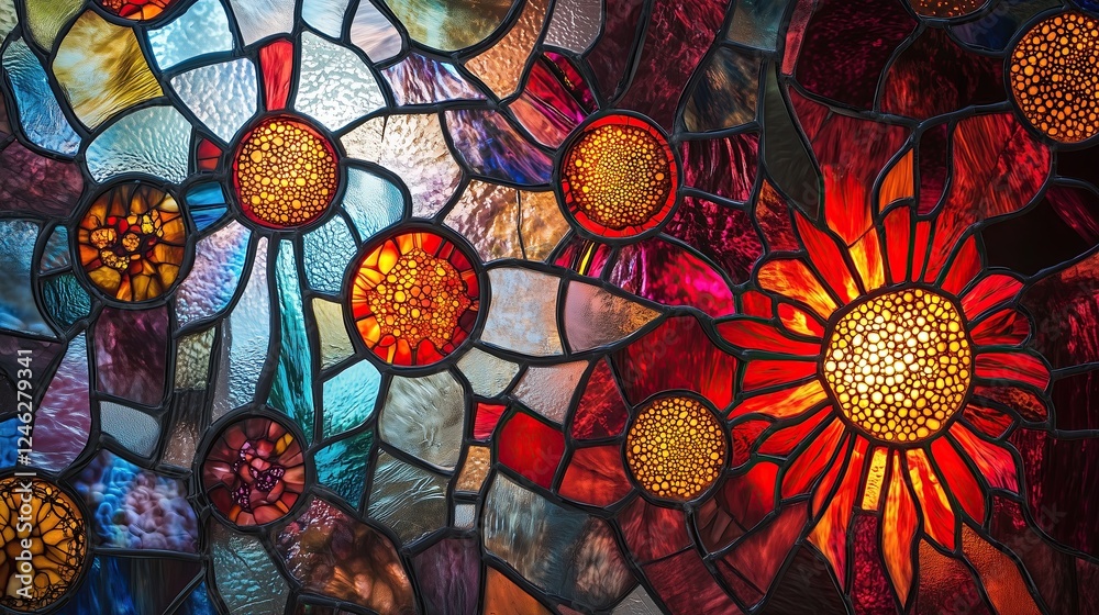 Stained glass mosaic depicting human skin cells, immune cells as ...