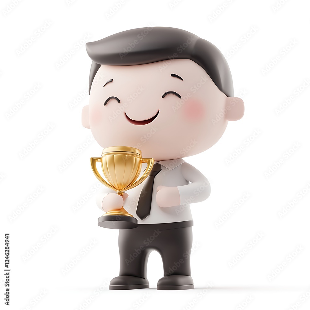 Smiling Businessman Holding Trophy: A 3D illustration of a cheerful ...
