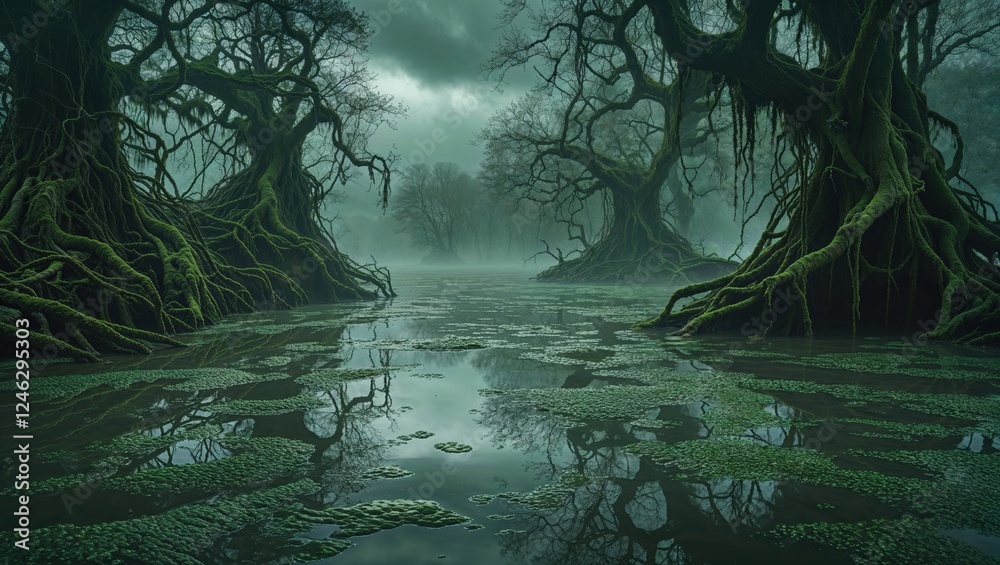 Enigmatic swamp scene with moss-covered trees and their roots partially ...