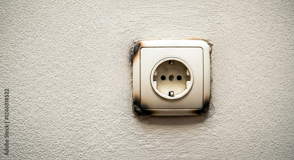 Electrical outlet shows signs of damage and burn marks on a wall in a ...