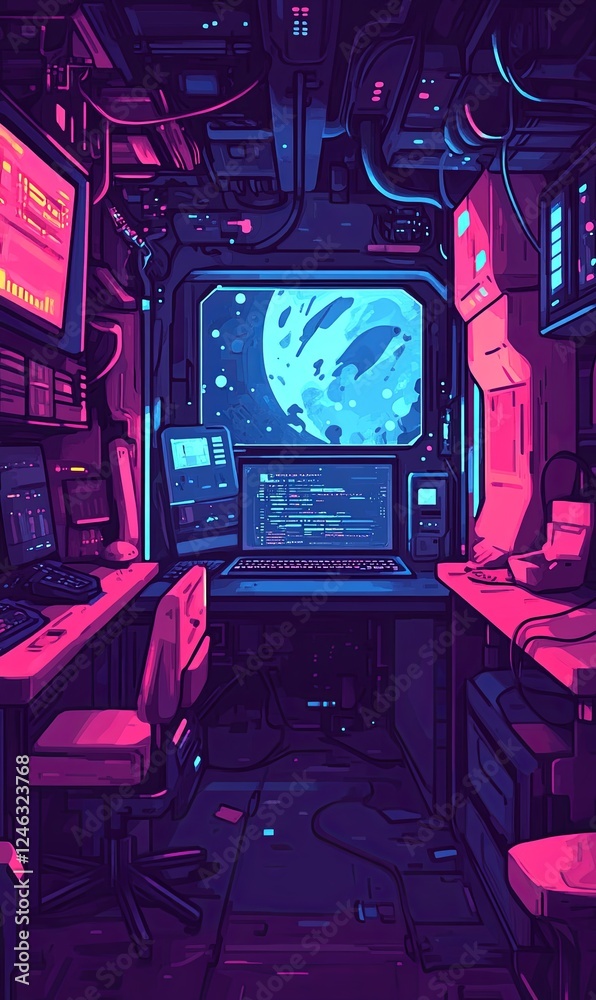Pixel art spaceship interior with computer, moon view, tech background ...