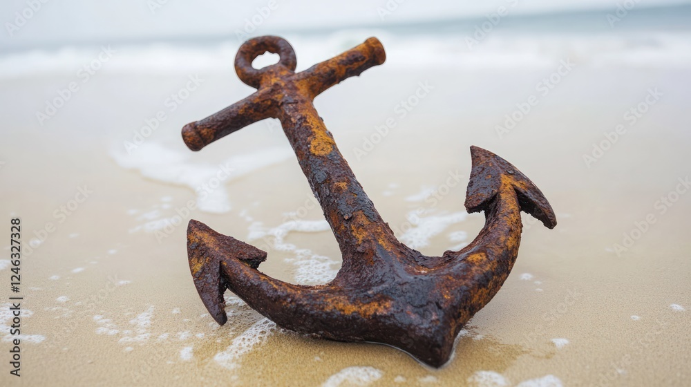 Rusted and worn anchor resting on the beach, showing visible damage and ...