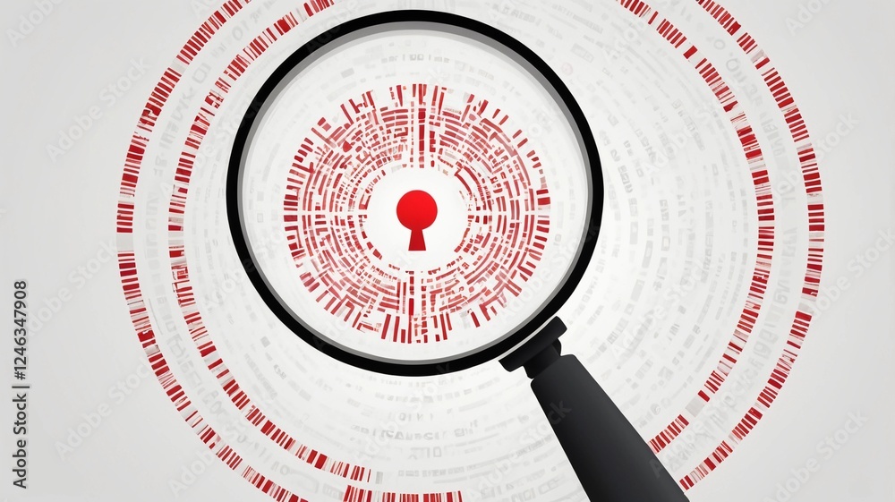 cybersecurity threat detection binary code magnifying glass red alert digital security data ...