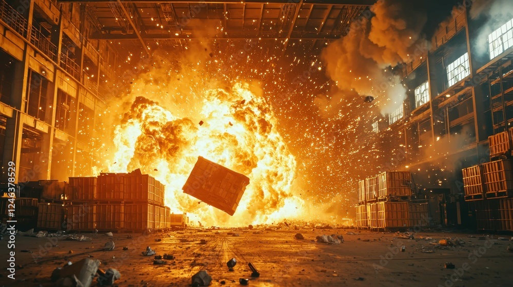 Massive Explosion in Industrial Warehouse Creating Fiery Chaos Stock ...