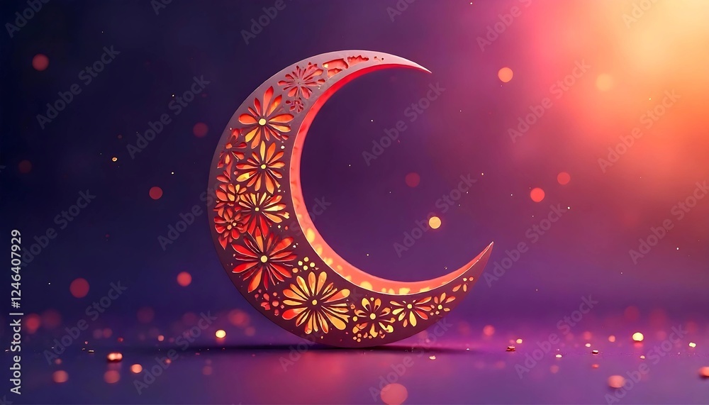 Illuminated crescent moon with floral patterns, perfect for Ramadan ...