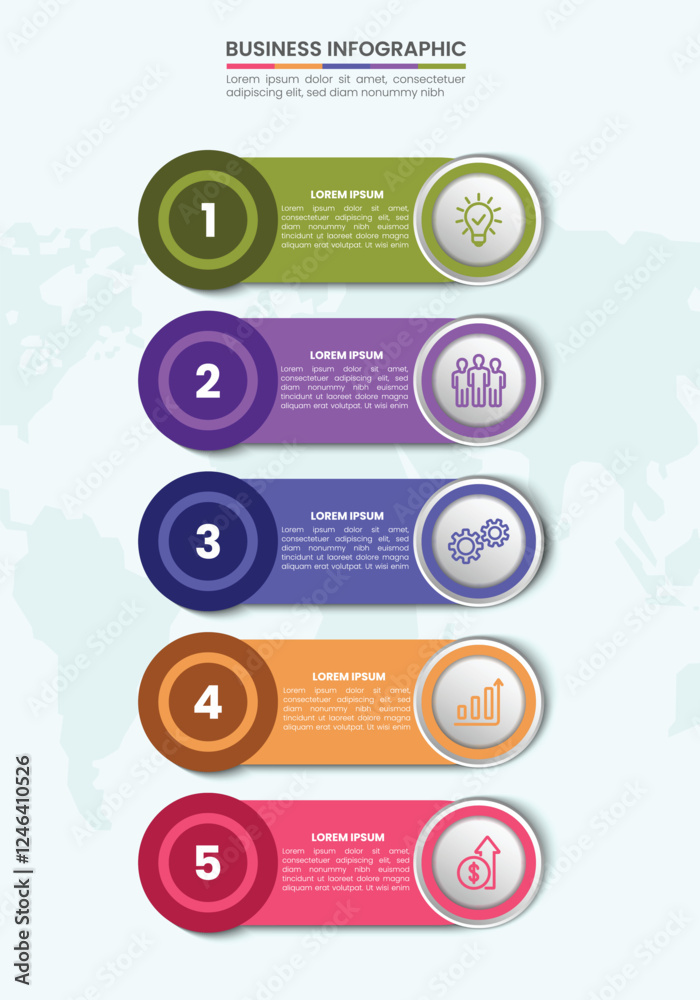 5 list of steps, layout diagram with number of sequence, circular ...