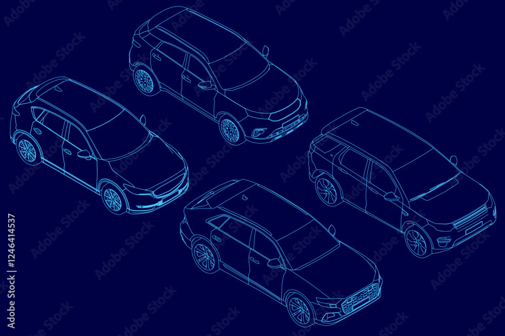 Four cars are shown in a blue background. The cars are all different ...