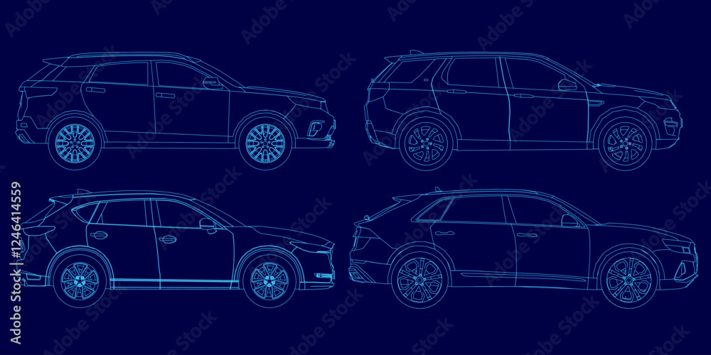 Four different car designs are shown in a blue color. The cars are all ...