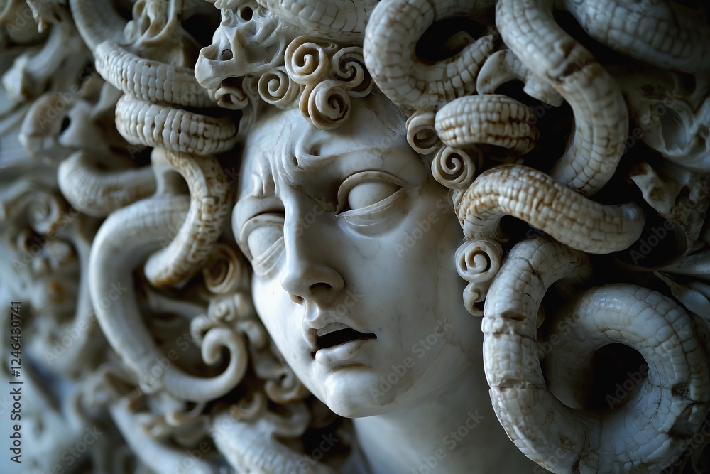 Stock-Foto „Marble statue of face of Medusa Gorgon, a monster with a ...