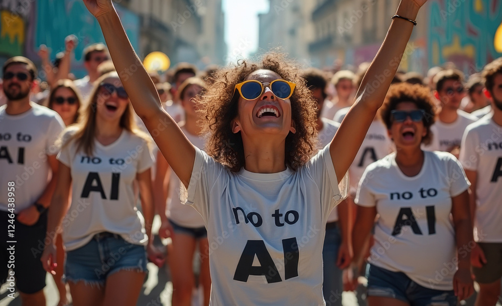 Protest and unity against Artificial Intelligence. Crowd of people ...