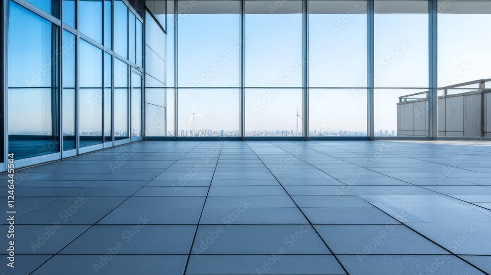 Wide-angle view reveals a sleek office structure featuring extensive ...