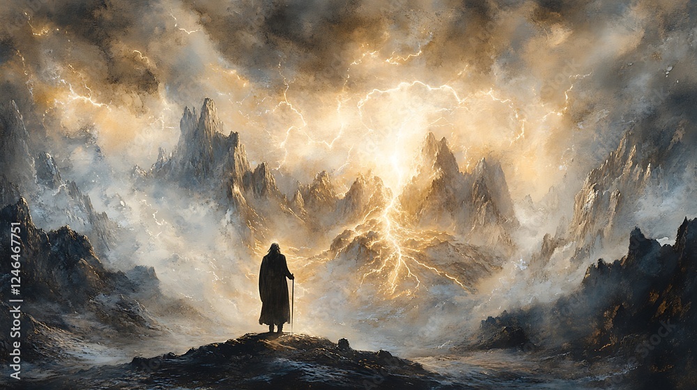 A serene yet powerful watercolor of Moses on Mount Sinai, standing ...