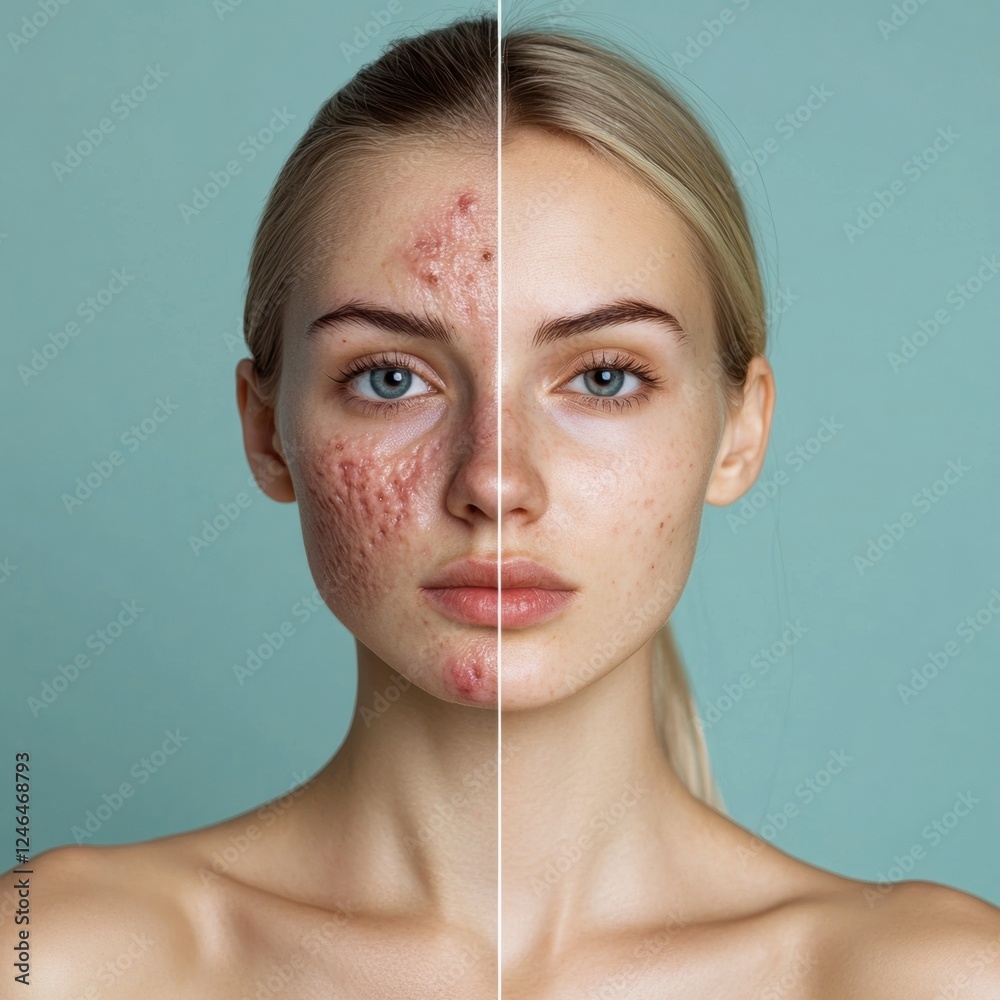 Comparison of skin conditions highlighting acne on one side and clear ...