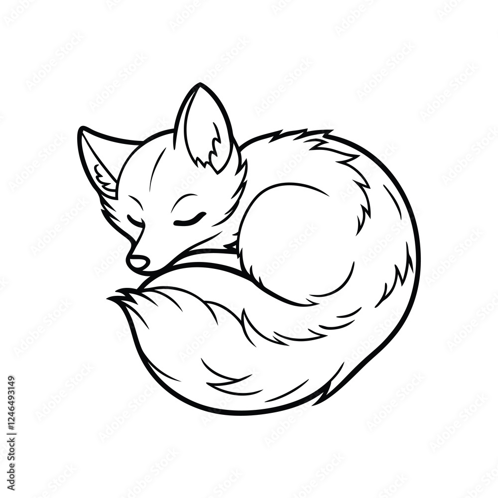 Cute Sleeping Fox Outline for Coloring Book or Design. coloring page for kids. KDP Stock Vector ...