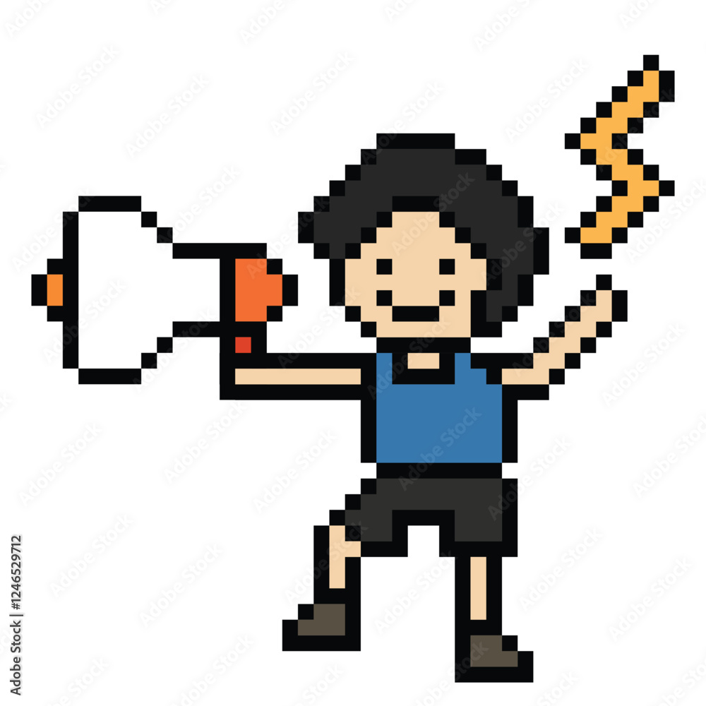 Cute pixel cartoon character man with megaphone announcement speaker ...