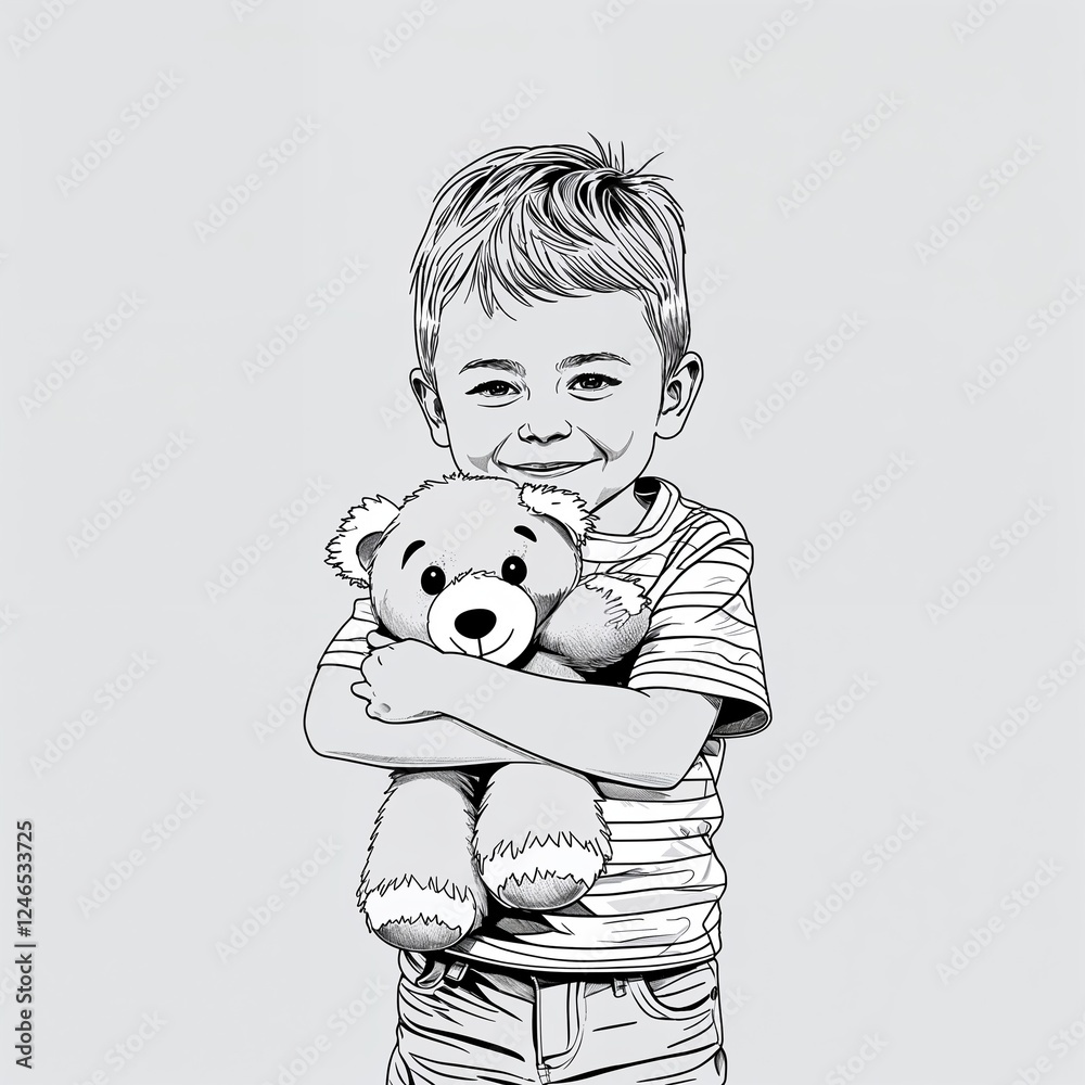 Child Male hugging a stuffed animal image in a simple hand drawing flat ...