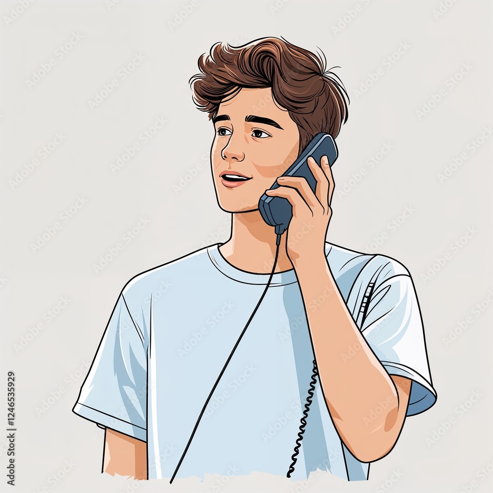 Teen Male talking on a phone image in a simple hand drawing flat line ...