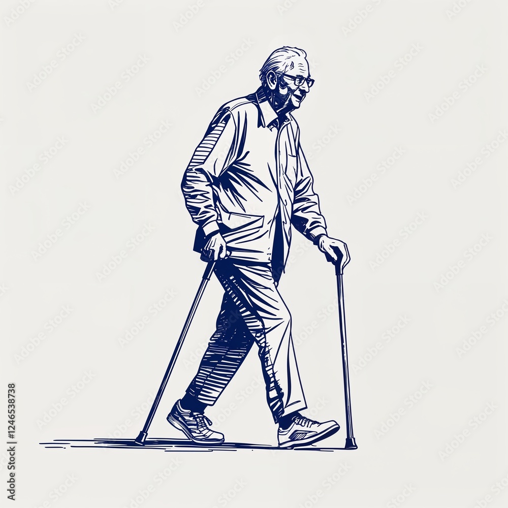 Senior Man Walking with Cane image in a simple hand drawing flat line ...