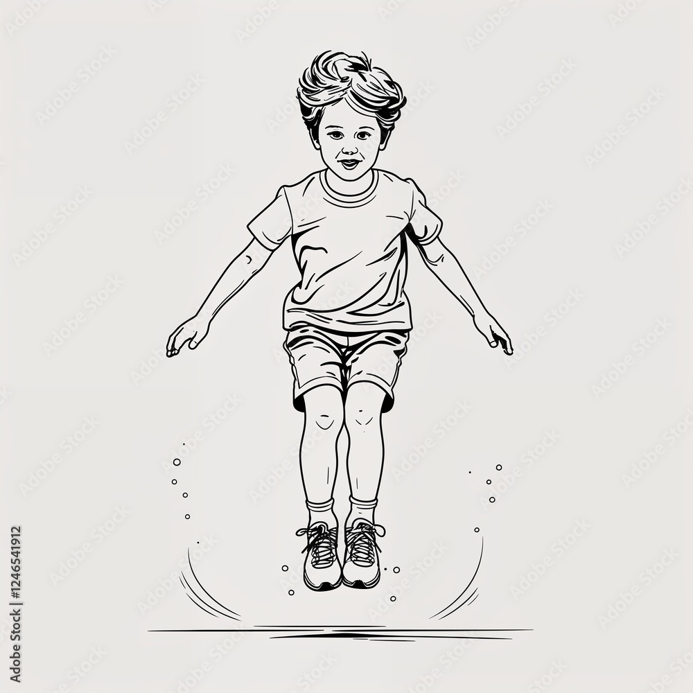Child Neutral skipping image in a simple hand drawing flat line design ...