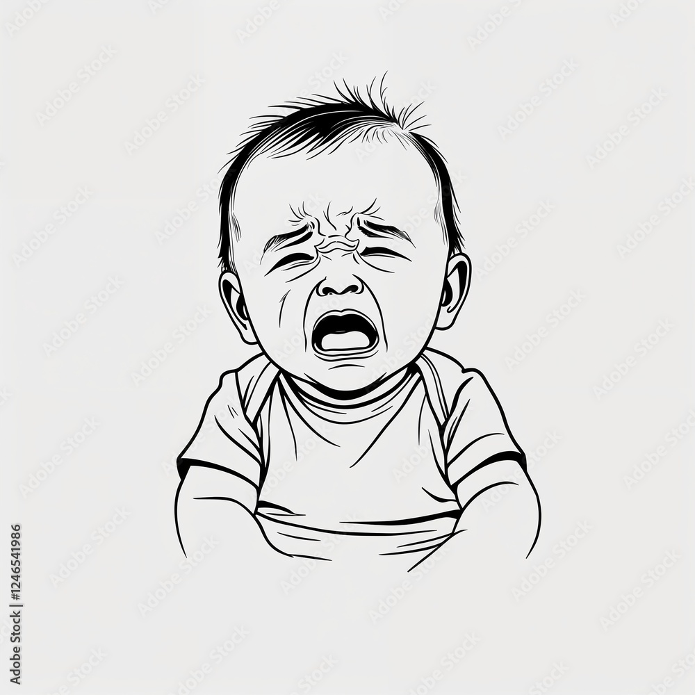 Infant Boy Crying image in a simple hand drawing flat line design on ...
