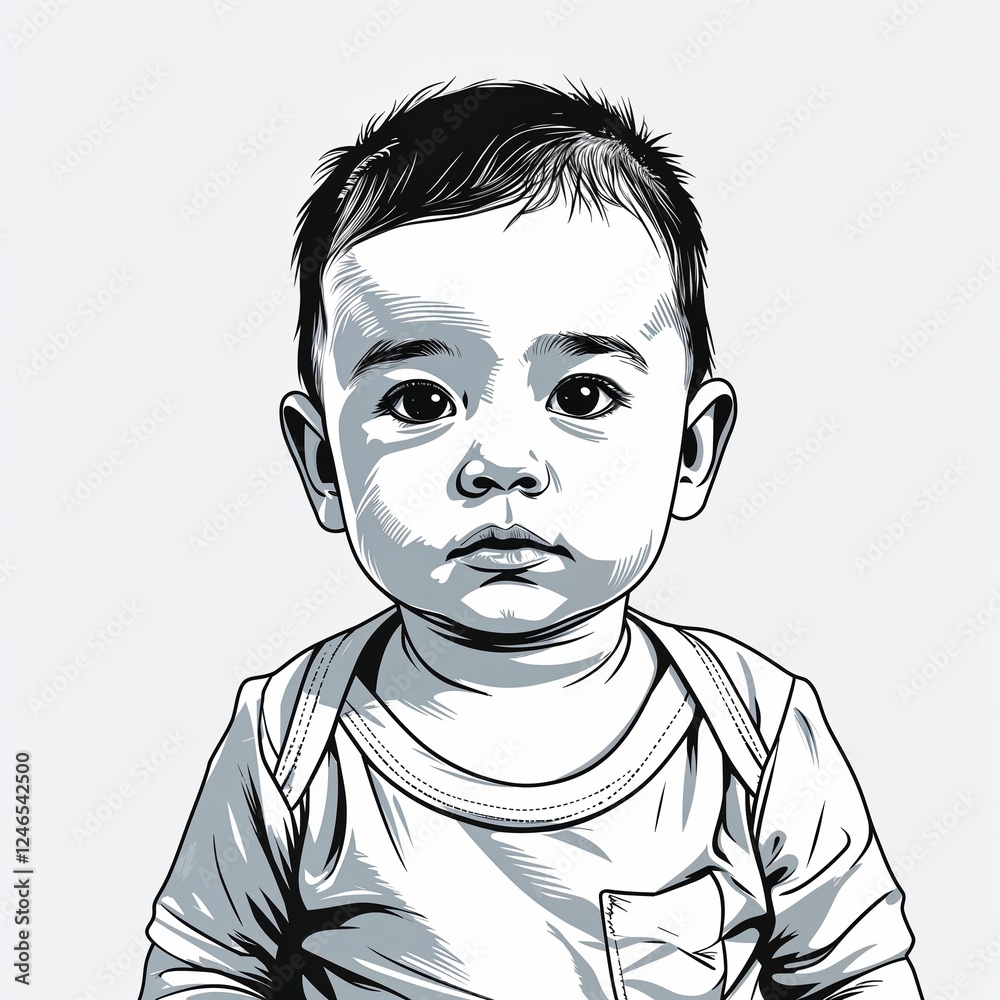 Infant Male image in a simple hand drawing flat line design on plain ...