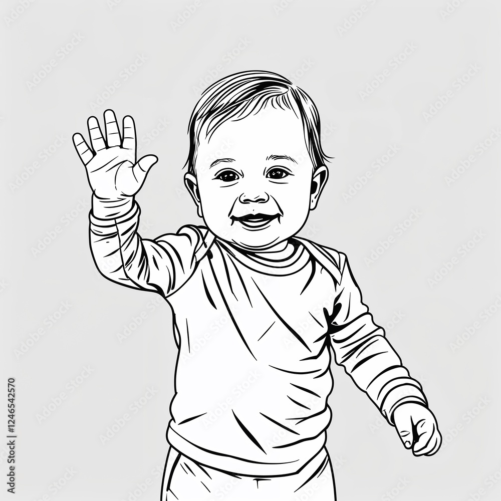 Infant Male waving image in a simple hand drawing flat line design on ...