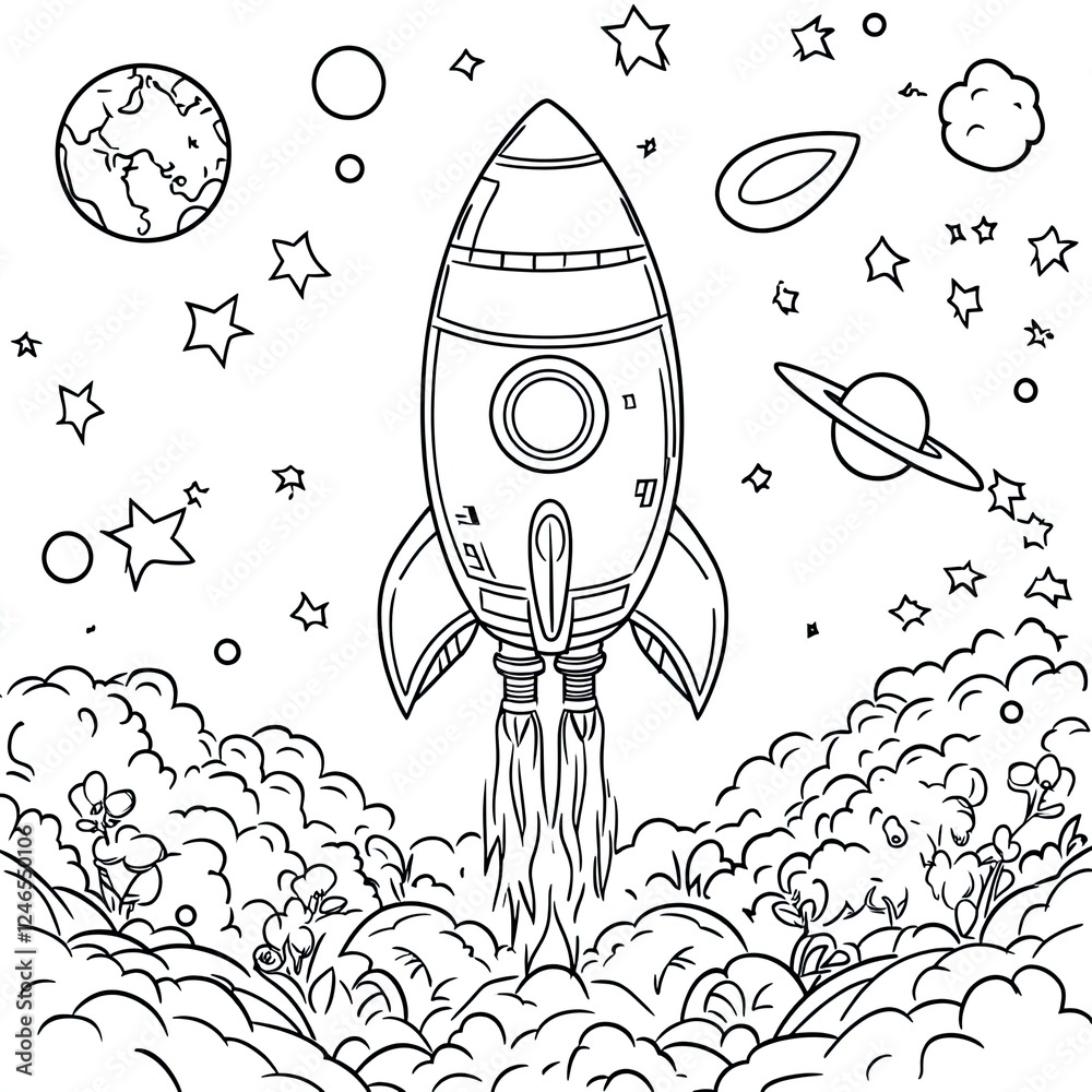 Simple Rocket Ship Orbiting Earth Coloring Page Design for Kids Stock ...