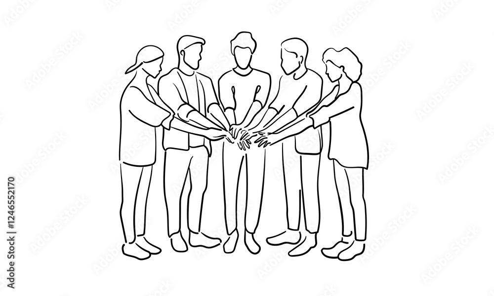 Group of 5 people joining hands together. Minimalistic black and white ...