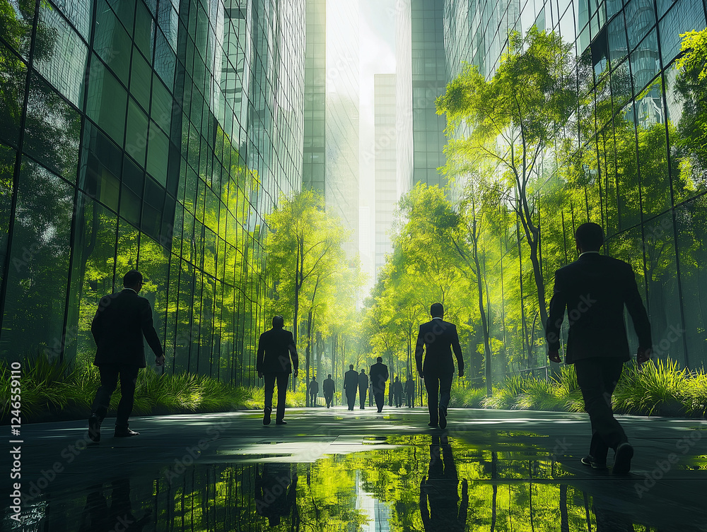 Futuristic eco-friendly city with high-tech skyscrapers, tree-covered pedestrian paths, and ...