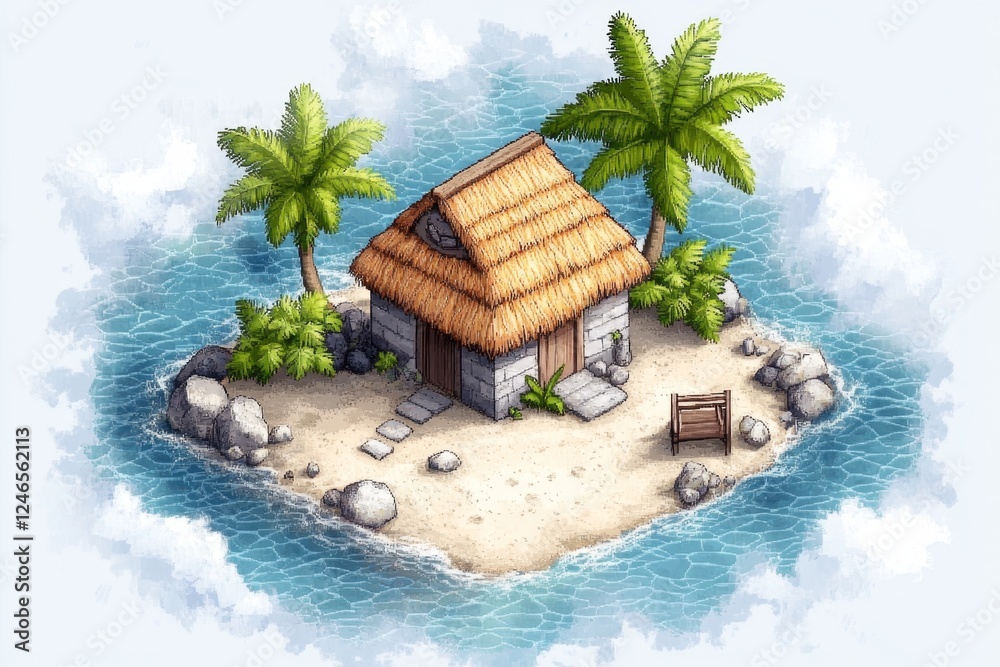 A pixel art depiction of a tiny island with a single hut, surrounded by ...