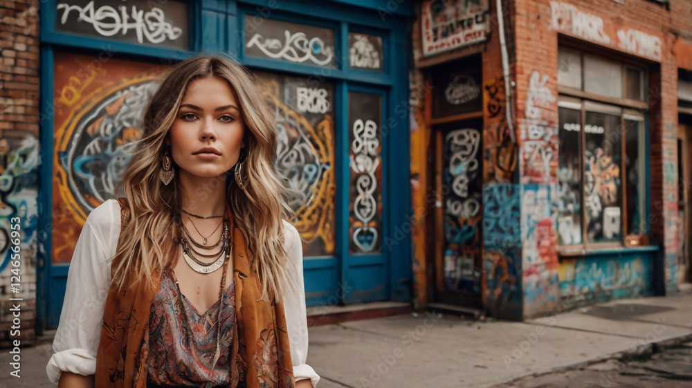 1970s bohemian style woman in vintage outfit walking past urban ...