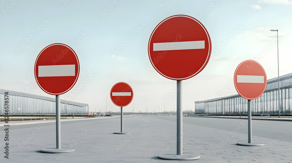 Empty road with no-entry signs, modern industrial background, possible ...