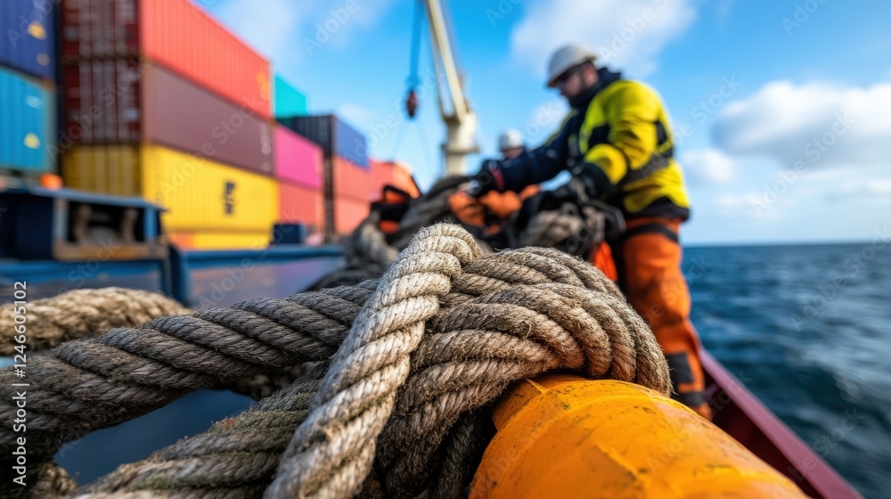 Deckhands on the cargo ship open deck, securing heavy mooring ropes to ...