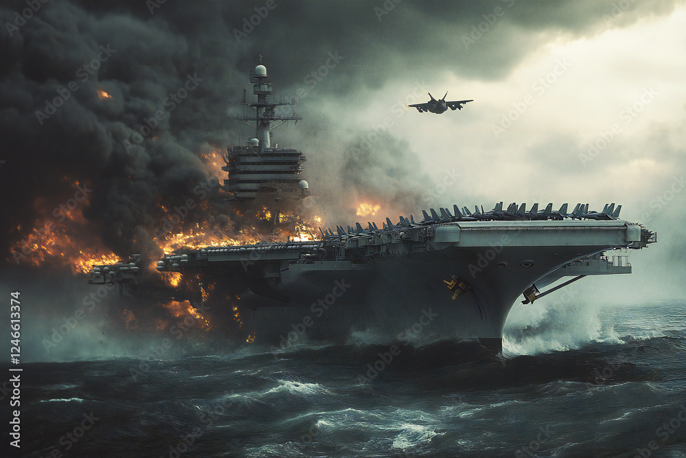 A fighter jet flies over a burning aircraft carrier. Battles on the ...