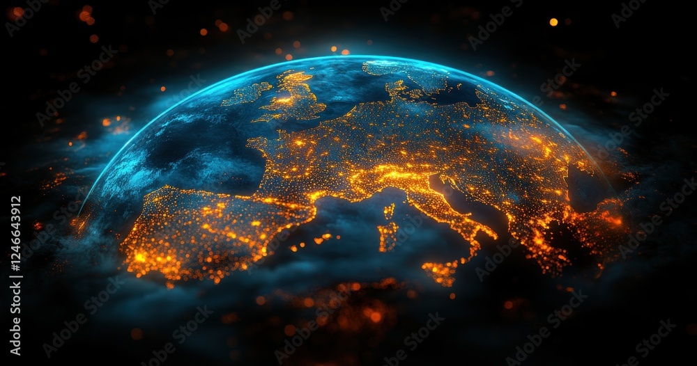 Earth from Space Illustration of Europe Cyberpunk Style City Lights ...