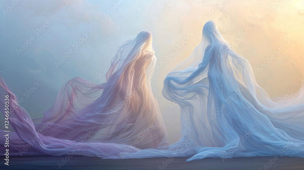Ethereal Figures in Translucent Veils a Dance of Light and Shadow ...