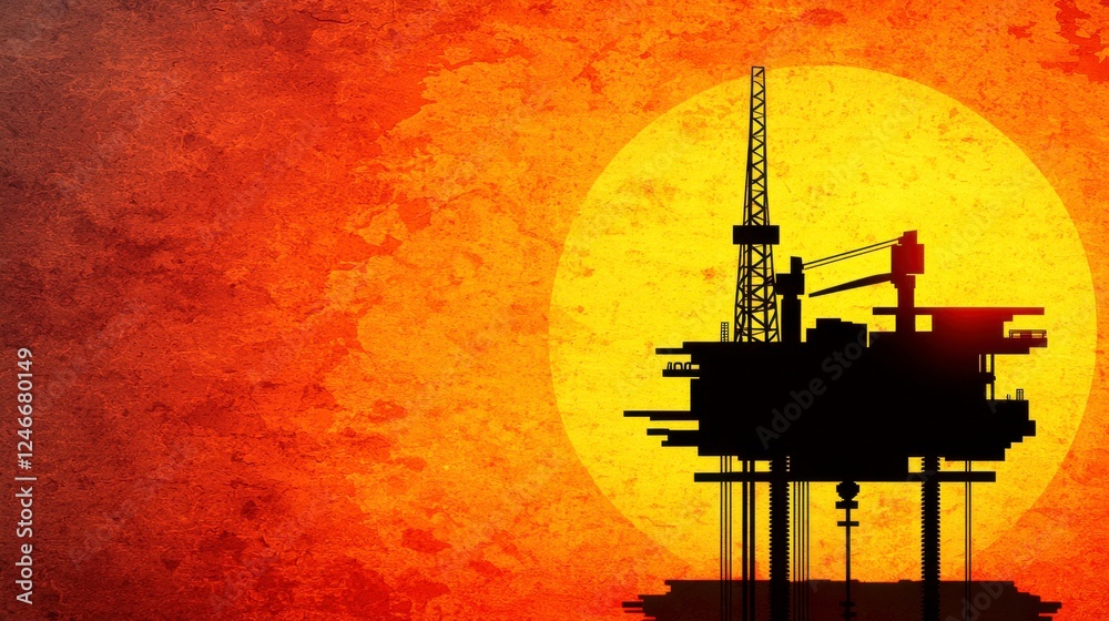 Silhouette of Oil Rig Against Vivid Sunrise Backdrop with Orange and ...