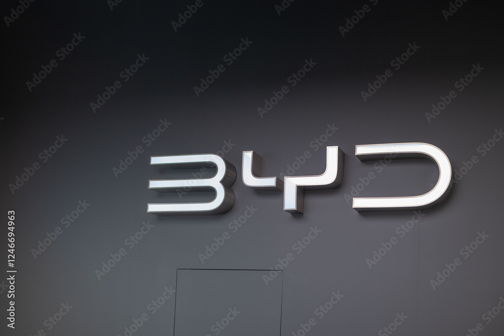 glowing Advertising banners BYD on black background, Chinese ...