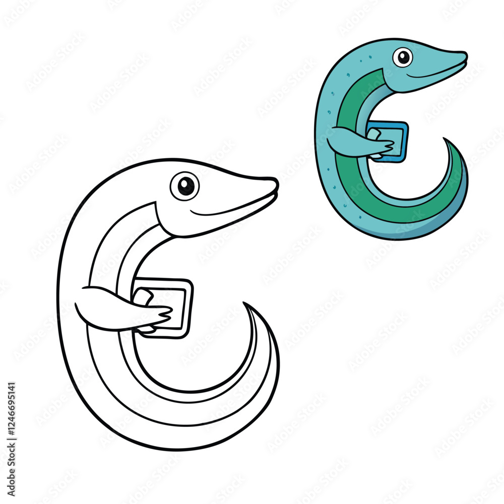 Alphabet letter "E" with an eel coloring page featuring a bold ...