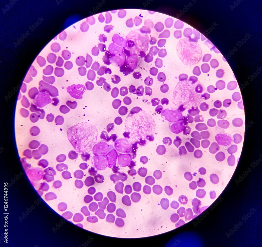 Blood cancer. Photomicrograph of Acute Myeloblastic Leukemia or AML. A ...