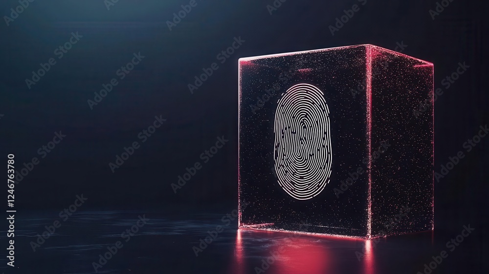 Glowing fingerprint scanner inside a digital cube, biometric access ...