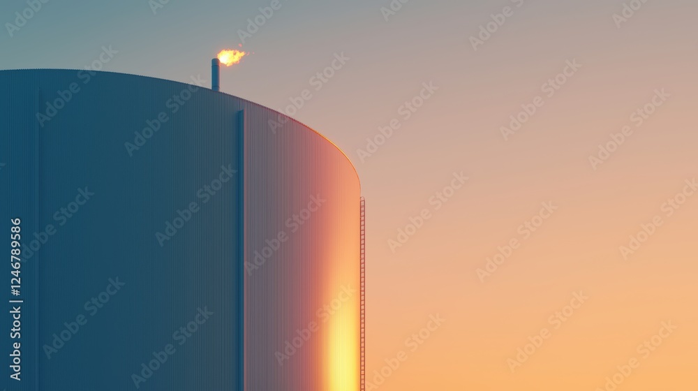 Industrial liquified natural gas complex with a prominent LNG tank ...