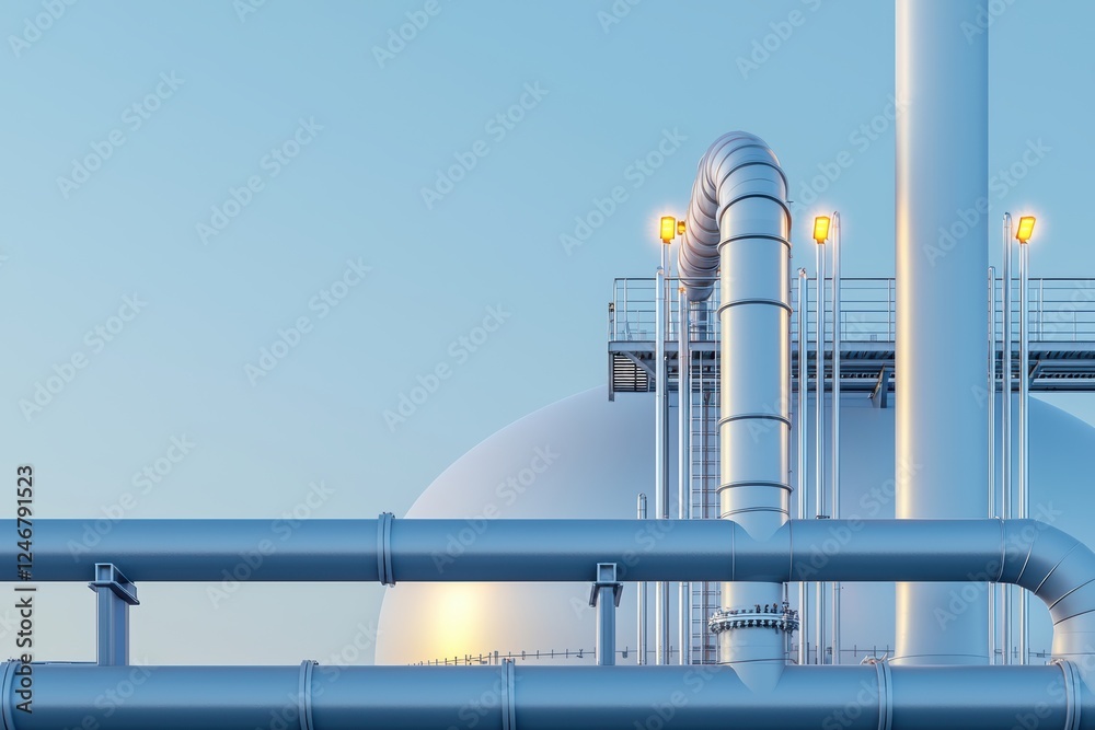 Modern LNG industrial site with a massive storage tank, intricate ...