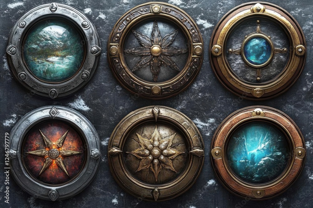 set of round ui game frames designed with textures of silver gold and ...