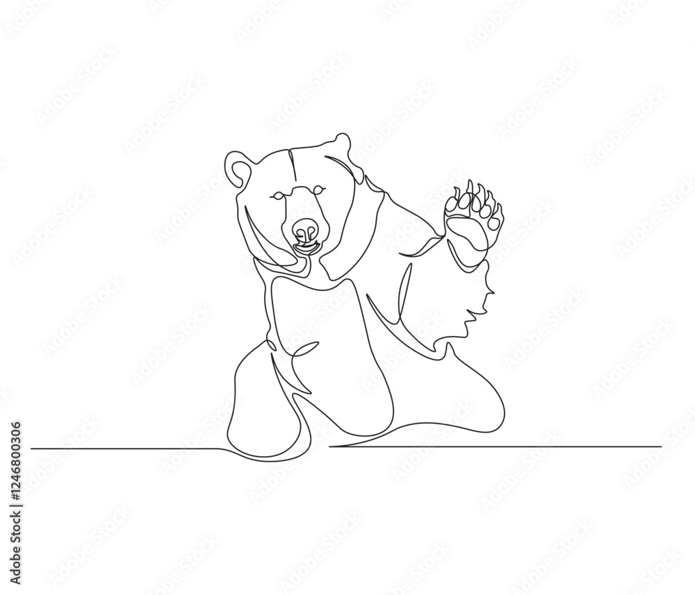 One continuous line drawing of grizzly kodiak bear. single line of ...